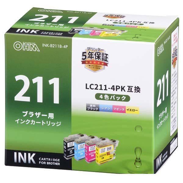 オーム電機0120-963-006【商品説明】特　徴●ブラザー純正インクカートリッジの代わりに使えます。●顔料ブラック（LC211BK互換）　シアン（LC211C互換）　マゼンタ（LC211M互換）　イエロー（LC211Y互換）※適合機種を...