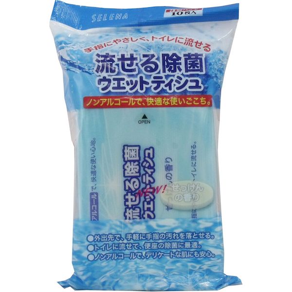 外出先で、手軽に手指の汚れを落とせる！●ノンアルコールで、デリケートな肌にも安心。●トイレに流せて、便座の除菌に最適。●せっけんの香り。【成分】水、PG、パラペン、セチルピリジニウムクロリド、香料【寸法・入数】150mmX200mm　・　1...