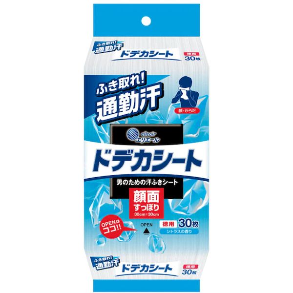 働く男の必需品。仕事中のリフレッシュに！1枚でふける30cm×30cmの「ドデカシート」。●アルコールとメントールの配合をほどよい刺激感に設定。顔・ボディ双方に使えて心地よい清涼感。●顔・首筋から腕まで、シートを広げてしっかりふける：30c...