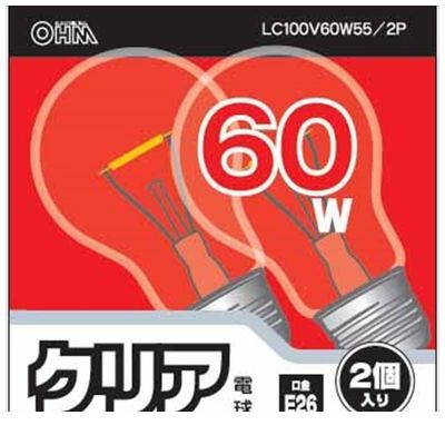 オーム電機0120-963-006製造元：旭光電機工業 ● 口金サイズE26、消費電力60W● クリア仕上げ● ガラス球PS55● 定格寿命1000時間● 2個入り4971275617599