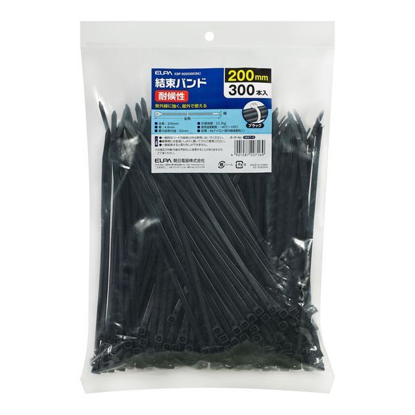 ■全長：200mm■幅：4.8mm■最大結束内径：50mm■引張強度：22.2kg■使用温度範囲：-40℃〜+85℃■材質：66ナイロン(紫外線遮蔽剤入)■300本入■カラー：ブラック●耐候性●紫外線に強く、屋外で使える4901087207169