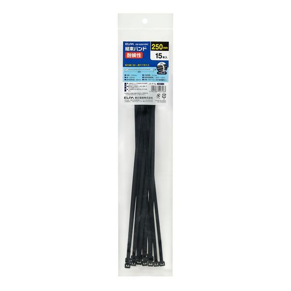 ■全長：250mm■幅：4.8mm■最大結束内径：60mm■引張強度：22.2kg■使用温度範囲：-40℃〜+85℃■材質：66ナイロン(紫外線遮蔽剤入)■15本入■カラー：ブラック●耐候性●紫外線に強く、屋外で使える4901087207183