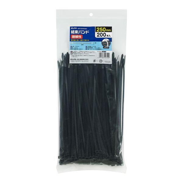 ■全長：250mm■幅：4.8mm■最大結束内径：60mm■引張強度：22.2kg■使用温度範囲：-40℃〜+85℃■材質：66ナイロン(紫外線遮蔽剤入)■200本入■カラー：ブラック●耐候性●紫外線に強く、屋外で使える4901087207220