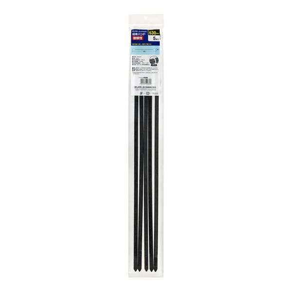 ■全長：530mm■幅：9mm■最大結束内径：140mm■引張強度：79.4kg■使用温度範囲：-40℃〜+85℃■材質：66ナイロン(紫外線遮蔽剤入)■5本入■カラー：ブラック●耐候性●紫外線に強く、屋外で使える4901087206858