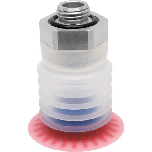 日本ピスコメーカーお問い合わせ：0265-76-2511【特長】●リップ部は軟らかく、ベローズ（蛇腹）部は硬い材質を使用しています。●ワークへの追従性と搬送時の姿勢安定化を実現しました。●ベローズ部は3段と5段を用意しました。●3段タイプは...