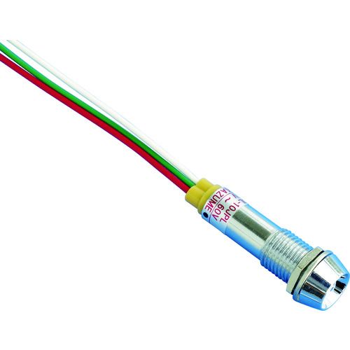 【特長】●抵抗器内蔵の超高輝度LED表示灯です。●赤・緑の2色発光となります。●200mmのリード線付です。●使用電圧範囲がDC5〜60VのDC専用フリー電源仕様です。【用途】●通電表示や警告表示などに。【仕様】●レンズ色：透明●定格電圧(...