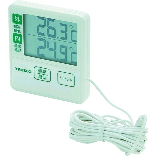 【特長】●屋外・屋内の温度が同時に確認できます。【用途】●冷蔵庫内等の温度管理に最適。【仕様】●温度最小表示(℃)：0.1●測定温度範囲(℃)IN/OUT：-10〜50/-20〜70●奥行(mm)：16●高さ(mm)：84●電源：単4乾電池...