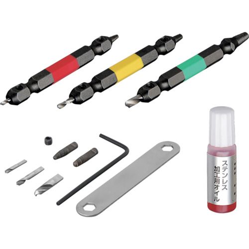 【特長】●なめたプラスねじを簡単に取り外すことができます。●電動ドライバーを使ってビット1本で穴あけと抜き取りができます。●先端部は交換可能です。●脱着不能な、なめたねじ（焼き入れなし）を取り外すことができます。【用途】●なめたプラス穴のネ...