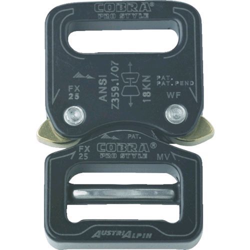 【特長】●プロスペックの強力なバックルです。●ワンタッチでロックでき、ワンタッチで解除できます。●過酷な環境下でも性能を発揮できます。【用途】●ハーネスなどの締め付け用。【仕様】●色：ブラック●適応ベルト幅(mm)：25●オス形状：自在●メ...