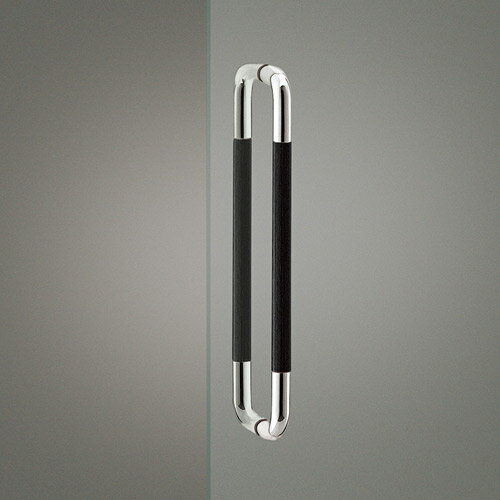 ・分類建築用金物 ＞ ドアハンドル ＞ 押し棒・仕様ユニウッド ブラック＋ステンレス ミラー・定価\36,000 (税込\39,600) / 1セット（内外）・サイズL600・ピッチ568・施工取付ビス　M8取付穴　φ16mm / フラッシ...