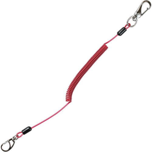 工具類の落下防止アイテムワイヤーΦ1ミリが入って耐荷重5kgの強さ。接続ワイヤー付自然長 430mmコイル部 105mm最大伸長 1,600mm使用荷重 5kg材質：生地/ポリウレタン　1m/mワイヤー芯　　　金具/鉄
