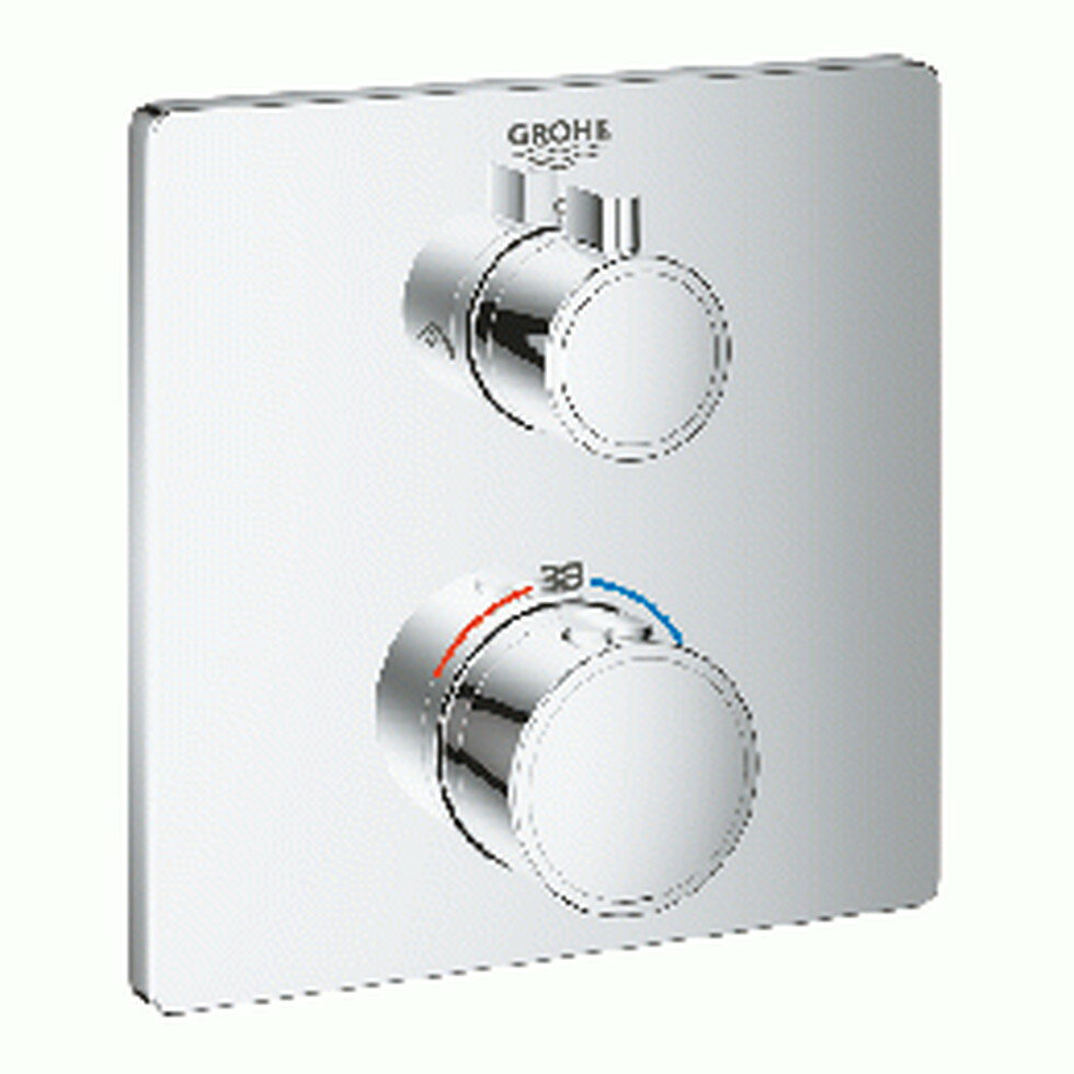 GROHTHERMシリーズ グローサーモ サーモスタットシャワー2方向切替埋込混合栓 スクエアタイプ 化粧部 吐水タイプ：2方向（選択可） 一般地/寒冷地：一般地 表示マーク：ハンドシャワー/オーバーヘッドシャワー 別途埋込本体部 3560...