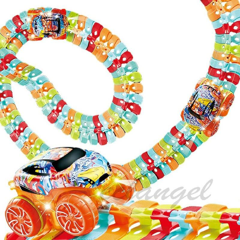 【レールの上を走る車おもちゃ】車はレールの上を走ることができ、レールは曲げたり、スナップしたりして、さまざまな形に変形することができます。屋内はもちろん、屋外スペースをDIYのトラックコースに変え、そびえ立つトラックや360°ループを構築し...