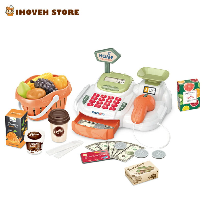 【お買い物ごっこしよう！】大人気のレジスターで果物を買って楽しいお買物ごっこ！お買い物かごに小物を入れて、お客様になったり、セットされてるお金で食べ物を買ったり、お子様の知育に役立つおもちゃです。 【計算の勉強】お店屋さんになり、セットされ...