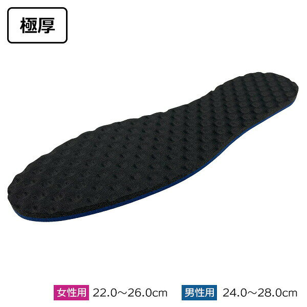 極厚クッションが足の負担を軽減！足の負担を軽減する極厚クッションのインソール。よく歩く方、立ち仕事の方に。波型凹凸加工凹凸加工が足裏を程よく刺激するから疲れにくい。抗菌加工抗菌加工でいつも清潔に使用できます。ウレタン二層構造二層構造で衝撃吸...