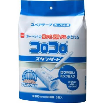 掃除機では取りきれないカーペットのゴミ・花粉をしっかりキャッチ！ニトムズ「コロコロ」のスペアテープ。テープは特殊スジ塗り粘着加工。カーペットの毛足の奥のゴミまで良く取れます。まっすぐ切れるミシン目入り。テープの端は粘着加工していないのでめく...