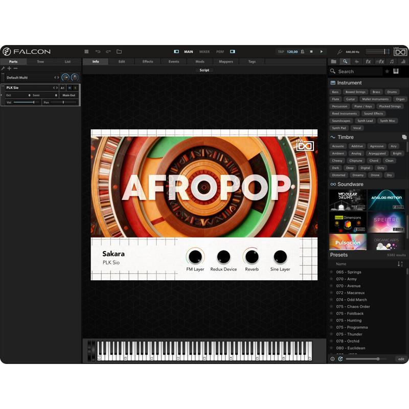■商品紹介Falcon専用拡張パックモダンアフロの鼓動が息づく、リズムとソウル！Afropop は、モダンアフロポップの躍動的なエネルギーを作品にもたらす、鮮やかで生命力あふれる Falcon エクスパンションです。100 のプリセットを収...
