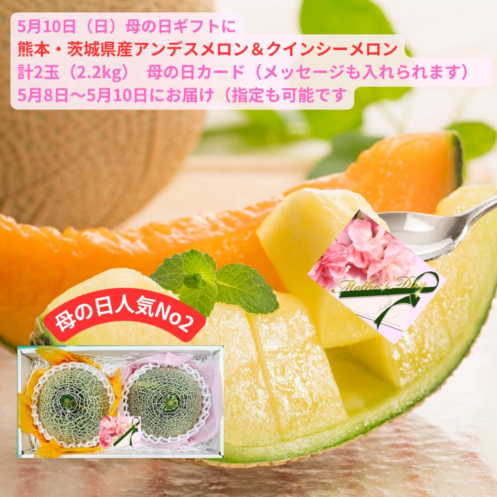 製品仕様 商品名 母の日ギフト 熊本 茨城 クインシーメロン ＆ アンデスメロン 各1玉 ずつ 計2.2kg＜ 送料・ 消費税込＞ 母の日かード付（フリーメッセージも入れられます） 5月8日‐10日にお届け 指定日配送も承ります 贈り物 御...