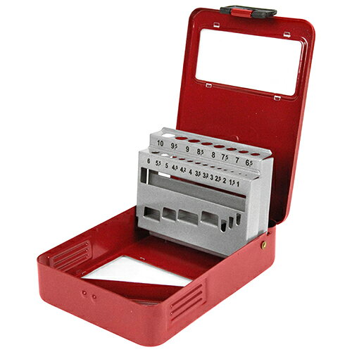【用途】ストレートドリル収納ケース。 【特徴】ストレートドリルが21サイズ収納可能です。 丈夫な金属製ストレートドリル収納ケースです。 【仕様】●1.0〜10.0mmの21PCS収納可。 【サイズ】幅110 ×高さ165 ×奥行き35mm ...