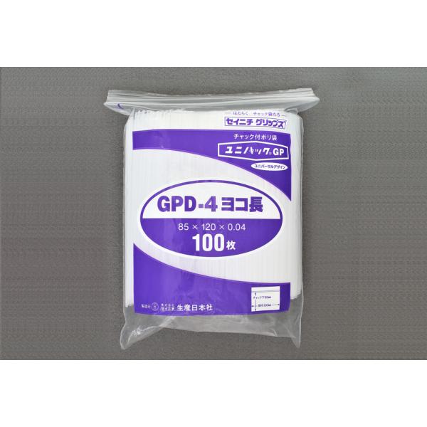 【特長】●新形状のチャックで開けやすさ、閉めやすさが向上しました。●開口部とチャック部にガイドラインをつけました。【仕様】●基材構成:PE単層40μ●製品仕様:サイド溶断シール、天開き、底折返し、開口段差マット●品番:GP D-4　ヨコ長●...