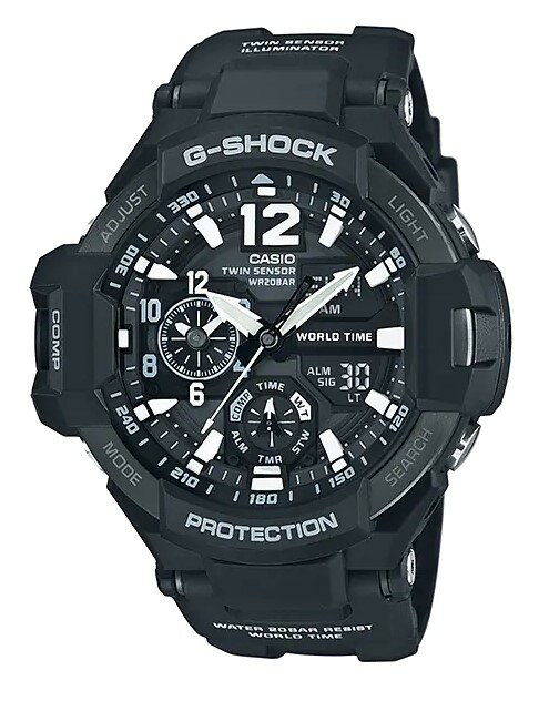 過酷な環境下で活動するパイロットのためのG-SHOCK「グラビティマスター」シリーズの、ワールドタイムを進化させたモデル。 さまざまな情報を必要とするパイロットのために、現在時刻に加えもうひとつの時刻情報の表示・確認が求められるアビエーショ...