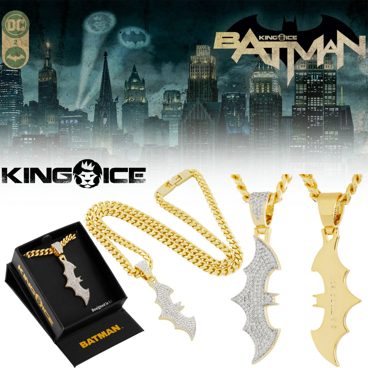 ■モデル■ BATMAN X KING ICE - BATMAN LOGO NECKLACE ■カラー■ ・TWO-TONE ■サイズ■ ワンサイズ ■素材・材質■ ・50.8cm 5mmマイアミキューバチェーンとペアリング ・幅： 1.8...