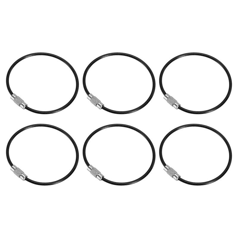 [PATIKIL] 150 mm長さ ワイヤーキーホルダーケーブル 6個 ステンレス鋼 2 mm キーホルダーループ アウトドア ハイキング 吊り下げ荷物タグ キー IDカード用 黒カラー: 黒; 材質：ステンレス鋼、銅合金、プラスチック;...