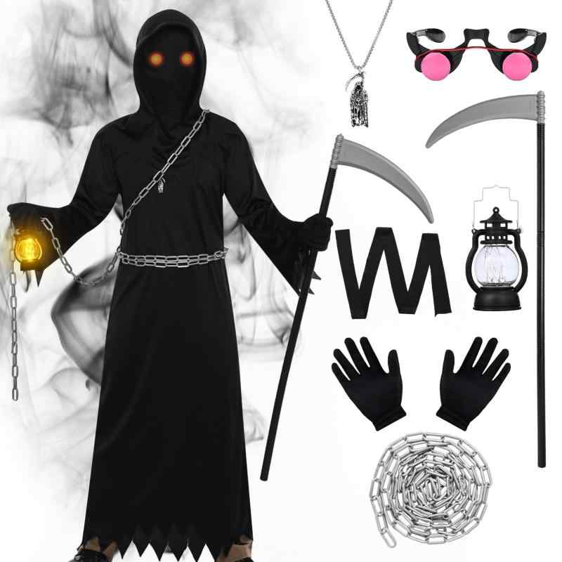 [HarnyLoom] ハロウィン コスプレ 子供 死神 コスプレ 衣装 コスチューム 死神 仮装 幽霊 マント キッズ 男の子 女の子 男女兼用 コスチュームセット ハロウィン クリスマス 文化祭 学園祭 演出【セット内容】7点セット：連...