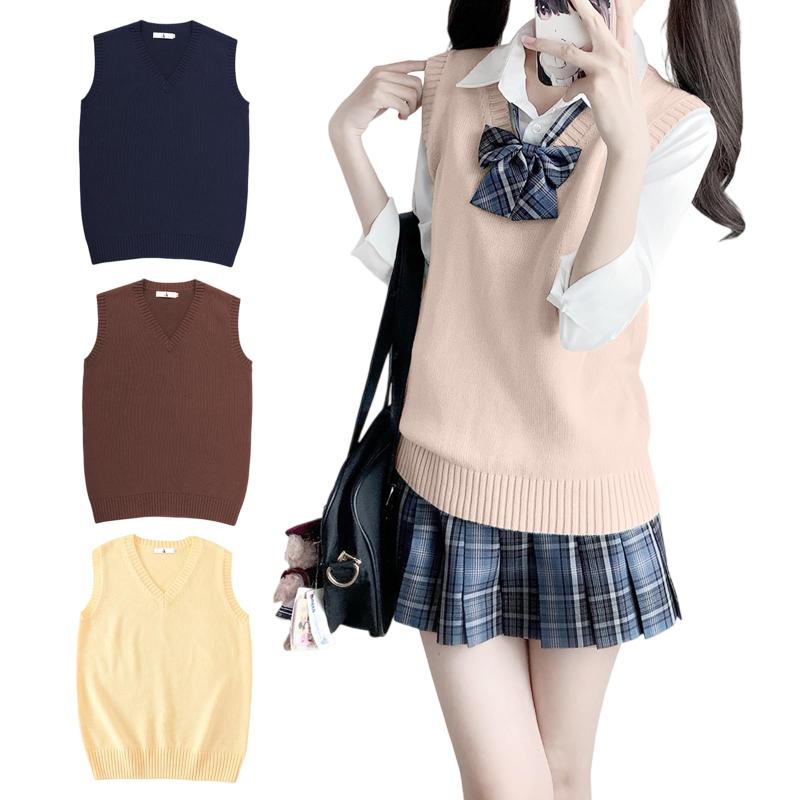[Alaiyaky] スクールベスト ニット Vネック ベスト 制服 チョッキ 女子 高生 中学生 春 夏 秋 冬 綿 通学 ノースリーブ コットン ゆったり 毛玉になりにくい オールシーズン 学生服 10色 S-XXL【サイズと可愛らしい...