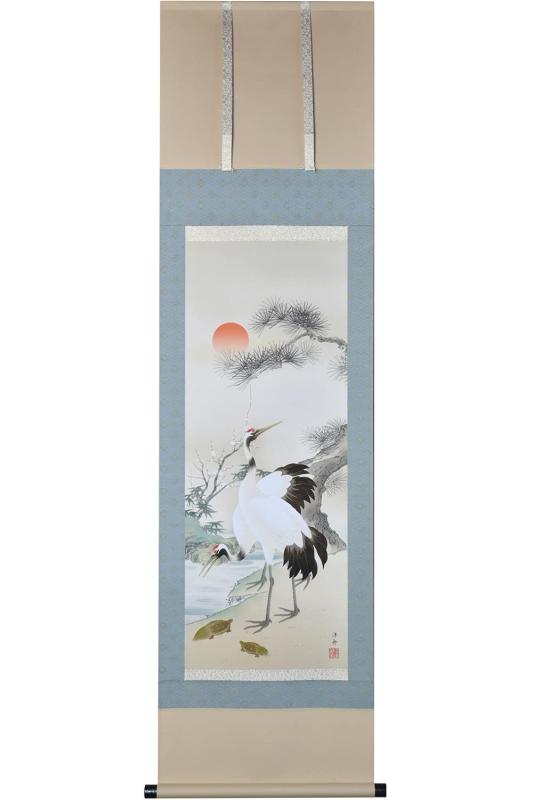 晴れの街ギャラリー 掛け軸 松竹梅鶴亀 小野洋舟 尺三 幅44.5 x 高さ164cm吉祥の題材を一堂に描き上げた代表的慶祝画。モダンな表装がより一層作品を引き立てますサイズ： 尺三 幅44.5 x 高さ164cm本紙　： 新絹本（高精彩巧...