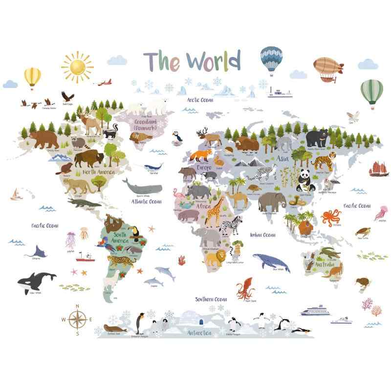 DECOWALL 世界地図 ウォールステッカー 105×83cm 動物付き 知育ポスター 大判 キッズ 子供部屋 ベビールーム プレイルーム 壁デコ インテリア 学習デコ 男の子 女の子 幼児 教室 (SG2-2516)【セット内容】: 世...