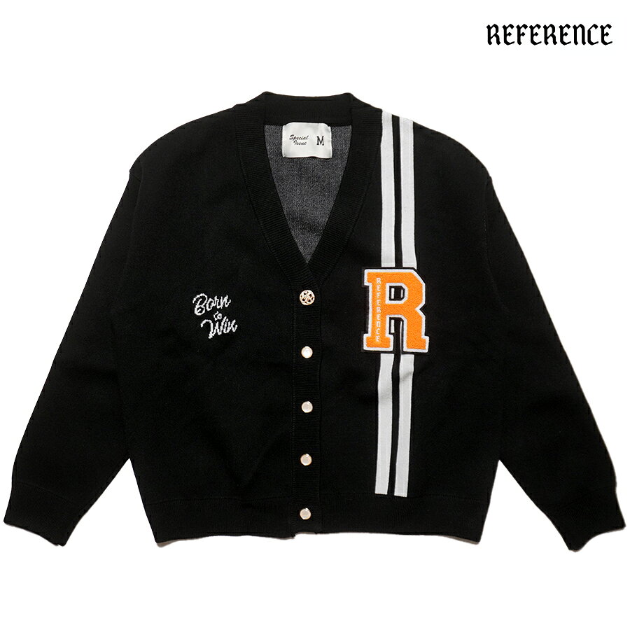 商品詳細 REFERENCEより限定コレクションのデザインニットカーディガンが入荷！ジャカード編みのボディに、ラインストーンをちりばめたトップボタン、フェイクパールボタン、REFERENCEの刺繍入りレターマンRシェニールパッチ、胸元にBo...