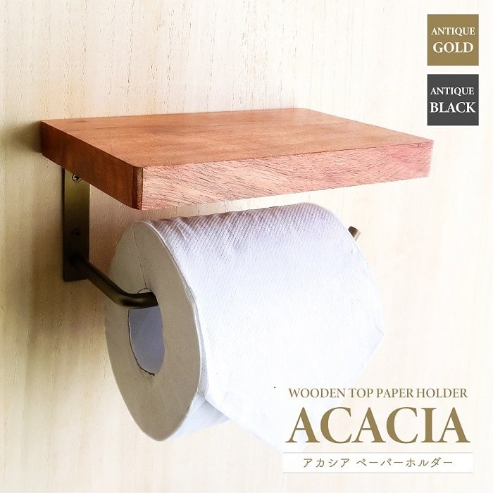 ■ 商品情報 ■ 温かみのあるアカシアの木材とアンティークな雰囲気のあるスチールを組み合わせたトイレットペーパーホルダー。省スペースでも取り付けやすい幅約17cmのコンパクトな一連タイプ。 アカシアの天板にはちょっとした小物を置くことが出来...