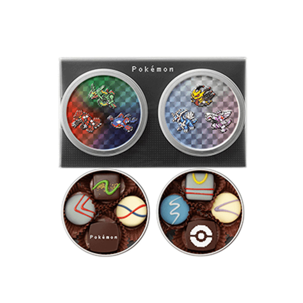今年の伝説のポケモン缶セットにはホウエン地方のカイオーガ、グラードン、レックウザと、 シンオウ地方のディアルガ、パルキア、ギラティナが登場。 それぞれのポケモンをイメージしたチョコレートを詰め合わせました。
