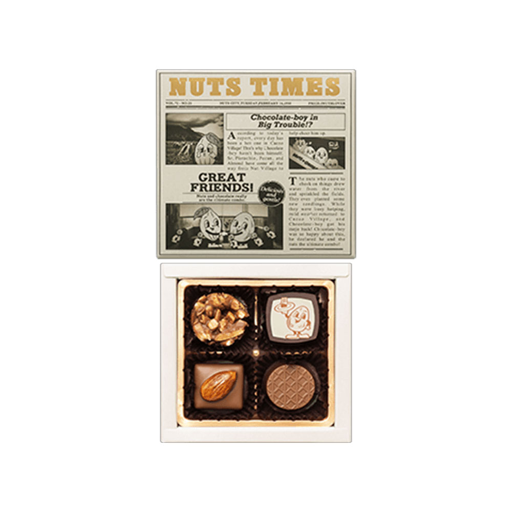 ナッツの定番アーモンドとヘーゼルナッツなどを使った4種類の味わいが楽しめるアソート。 香り高いヘーゼルナッツのペーストをスイートチョコレートに合わせたジャンドゥヤ、 クラッシュしたアーモンドの食感が楽しめるロシェなどをお楽しみいただけます。