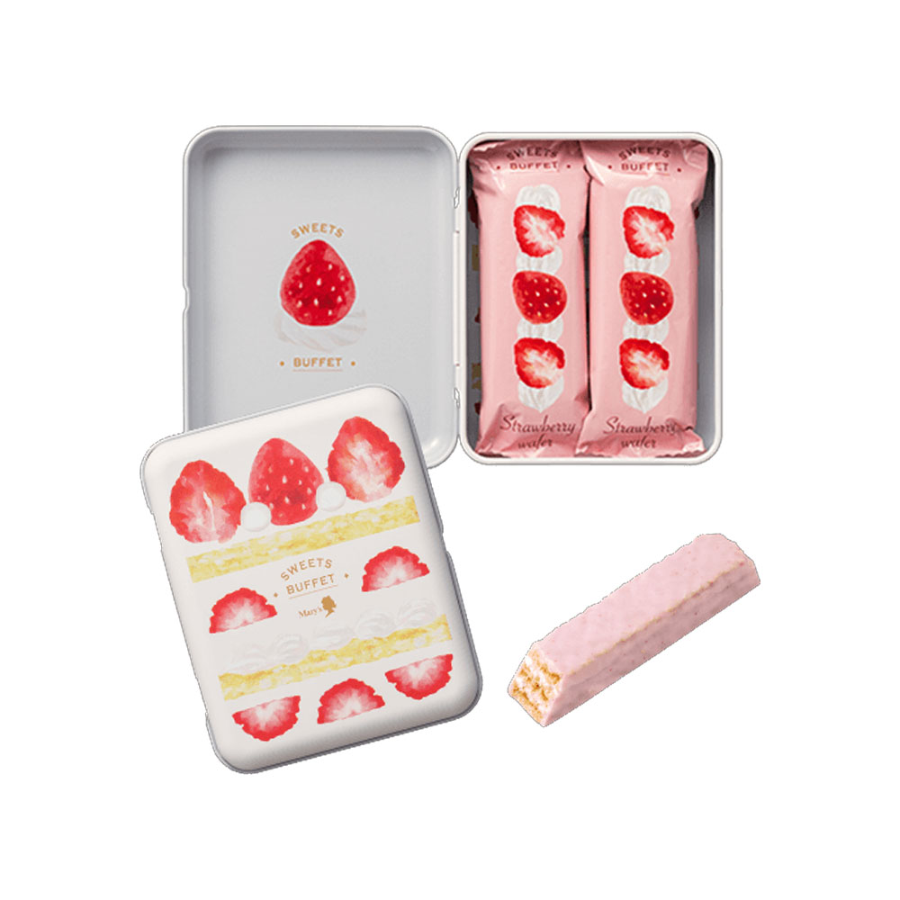 いちご味のチョコレートでコーティングしたホワイトクリームサンドウエハースが入った、 ショートケーキデザイン缶です。