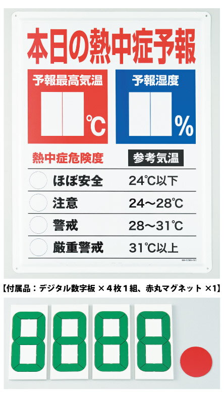 メーカー直送のため代引きでの決済は不可となります。 銀行振り込み・コンビニ・クレジット・後払い決済でご購入下さい。 熱中症予報板 ho-185 刻々と変化する予報の掲示には、書き消し要らずの標識がおススメ 数字の切り替え簡単、デジタル数字板...