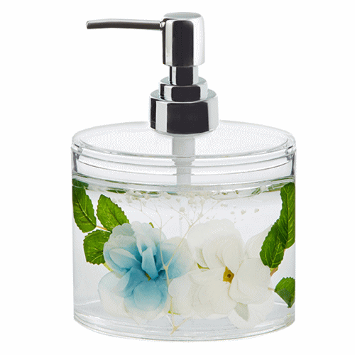 アクリルの中でブルーとホワイトのローズが ユラユラとゆらめくソープディスペンサーです。 まるで水中に美しいバラの花が浮かんでいるようなデザインに うっとりしてしまいます。 洗面台を一気に華やかに演出してくれるソープディスペンサーです。 【サ...