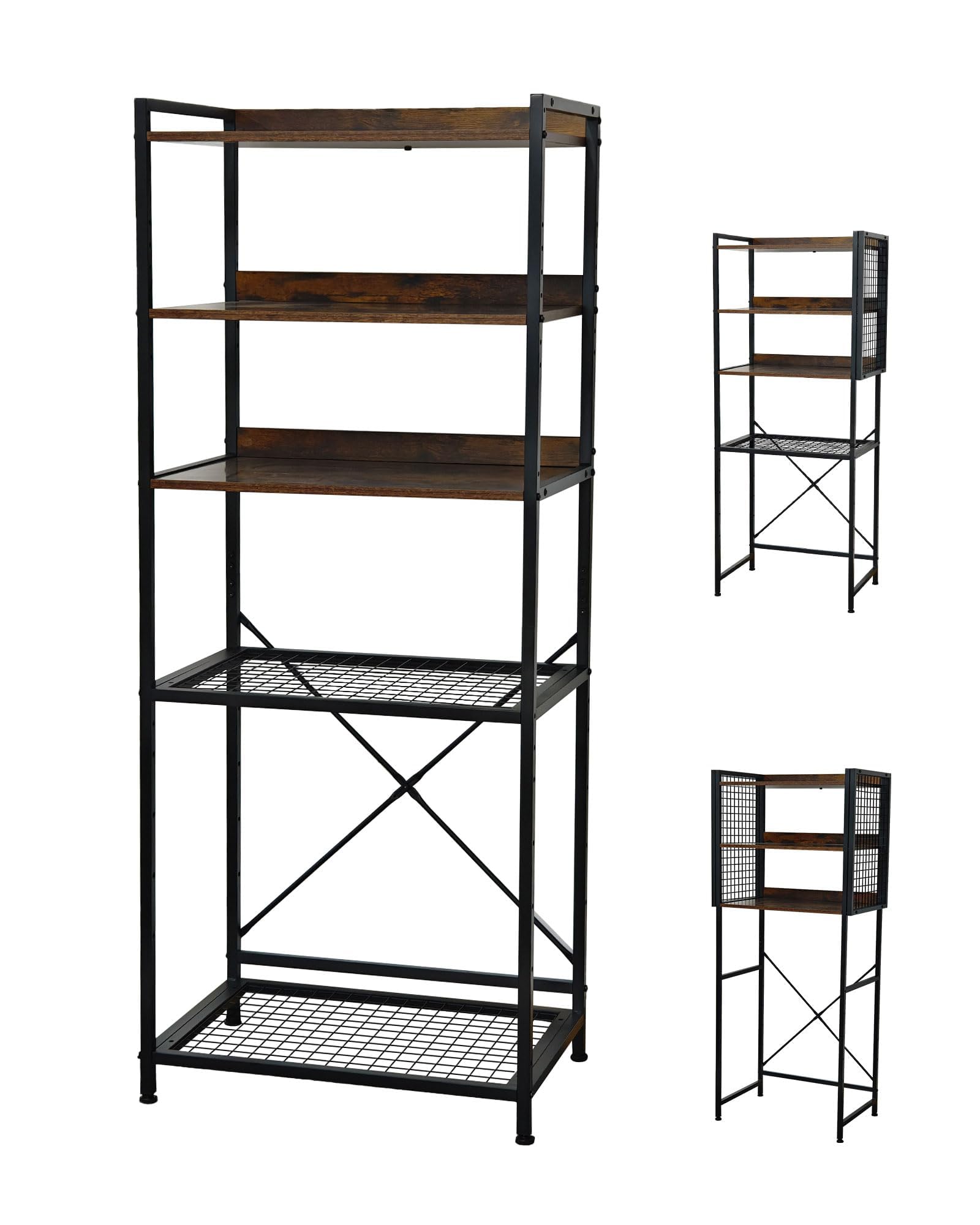 【家庭・オフィスどちらでも使える5段ラック】 家の収納に最適なサイズ感。さらに事務所・作業部屋・軽作業の倉庫でも活躍する安定構造です。【用途で選べる木製棚とメッシュ棚】 木製棚は家電・書類・重い器具に、メッシュ棚は湿気がこもりやすい物・スト...