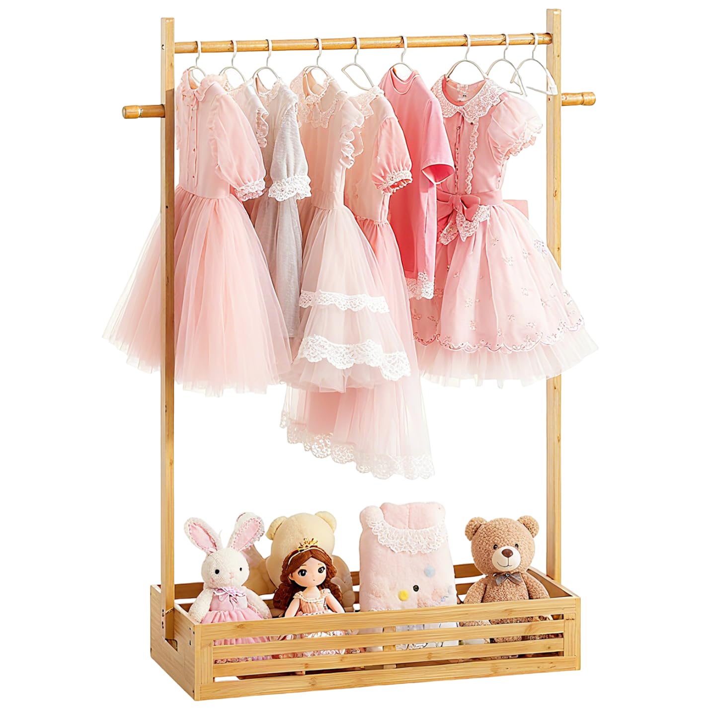 【スターディ＆信頼性】このキッズハンガーラックは高品質な天然竹材を使用しており、頑丈でしっかりしています。表面は丁寧に研磨されて滑らかで、お子様や保護者の手を傷つける心配がありません。ナチュラルなカラーはどんな部屋のインテリアにも調和します...