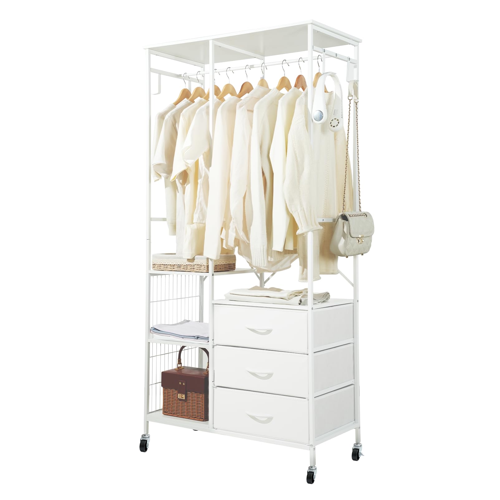 【ハンガーラック商品サイズ】：幅84×奥行40×高約さ170cm 。素材：ハンガー部分/スチール(マット加工)、本体パイプ/スチール(粉耐塗装)、棚板/メラミン樹脂加工を施した木板、引き出し/MDF底板＋不織布。耐荷重(約):パイプ部分20...