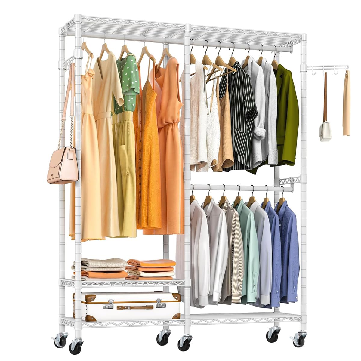 【ハンガーラック 商品サイズ】商品仕様：幅約97×奥行40×高さ190cm(アジャスター含む) ；洋服ラック本体重量(約)：11.9kg；全体耐荷重(約)：230kg；お客様組み立てが必要な商品です。ワードローブ豊富な収納スペースを備え、あ...