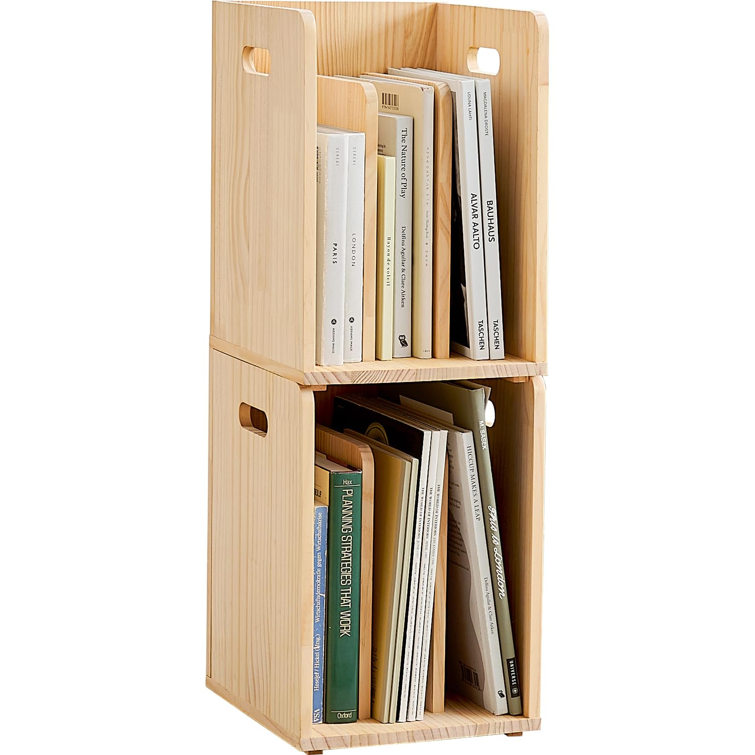 【商品サイズ(約)】幅24.5×奥行25.5×高さ35cm（2個セット）本や雑誌などを収納できる木製のブックスタンドの2個セット。A4サイズが入るので、本立てやマガジンラックをお探しの方にオススメ。スタッキング式なので重ねて省スペースに隙間...
