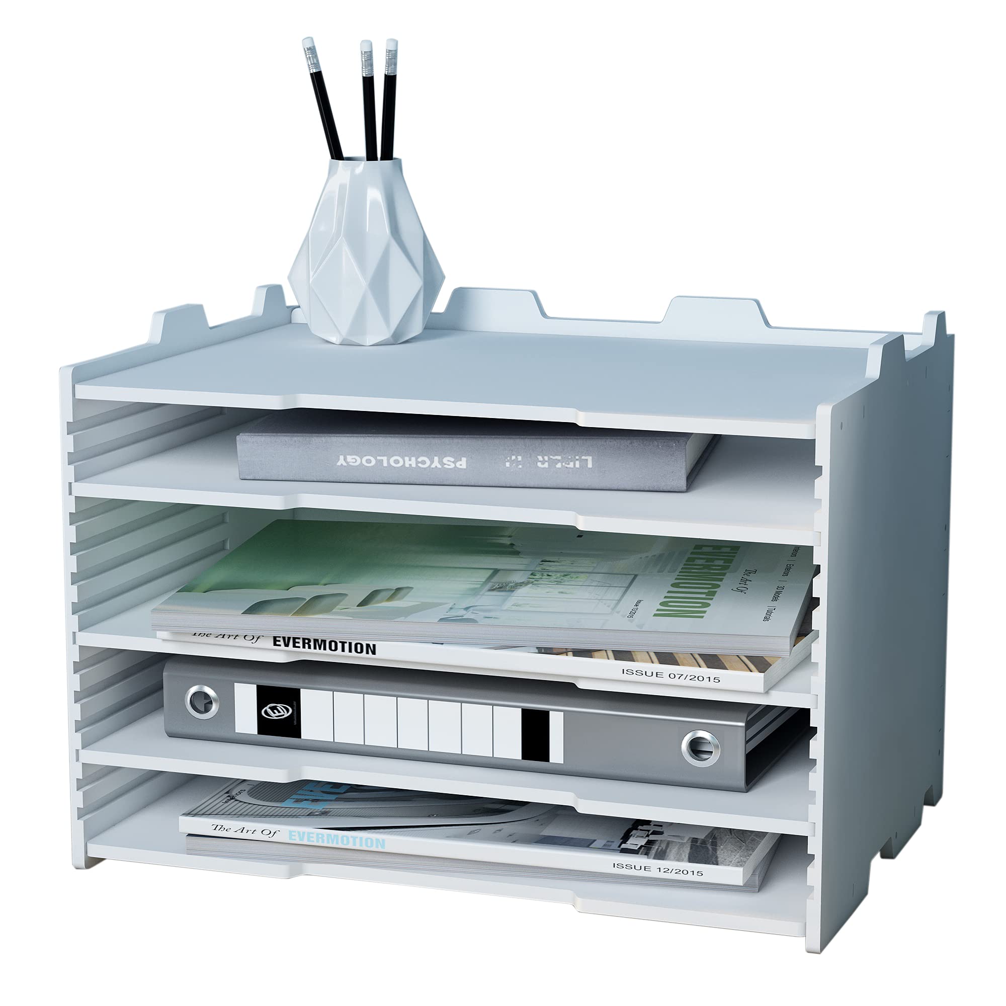 「サイズ」縦型：幅33.7x奥行46.5x高さ34cm、厚み：8mm、4段。横型：幅46.5x奥行33.7x高さ34cm、厚み：8mm、4段。「優れた材質」：高密度PVC木製板で作られ、安全で環境に優しい、普通の木製より防水防錆性能が高いで...