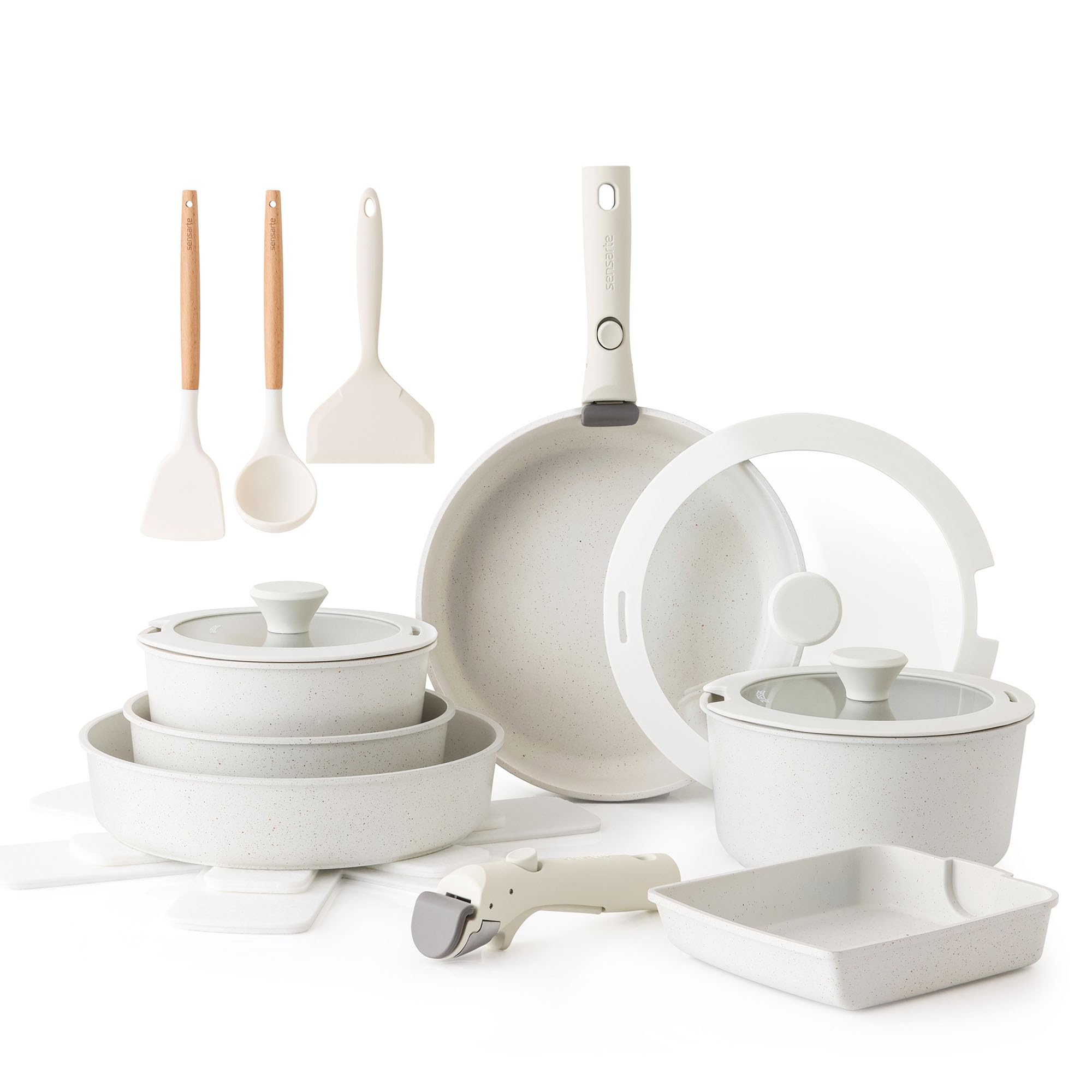 【セット内容】鍋18cm/0.4kg、鍋20cm/0.52kg、フライパン20cm/0.52kg、フライパン26cm/0.80kg、深型フライパン26cm/0.84kg、卵焼きフライパン18cm/0.43kg、ガラス蓋16cm、ガラス蓋20...