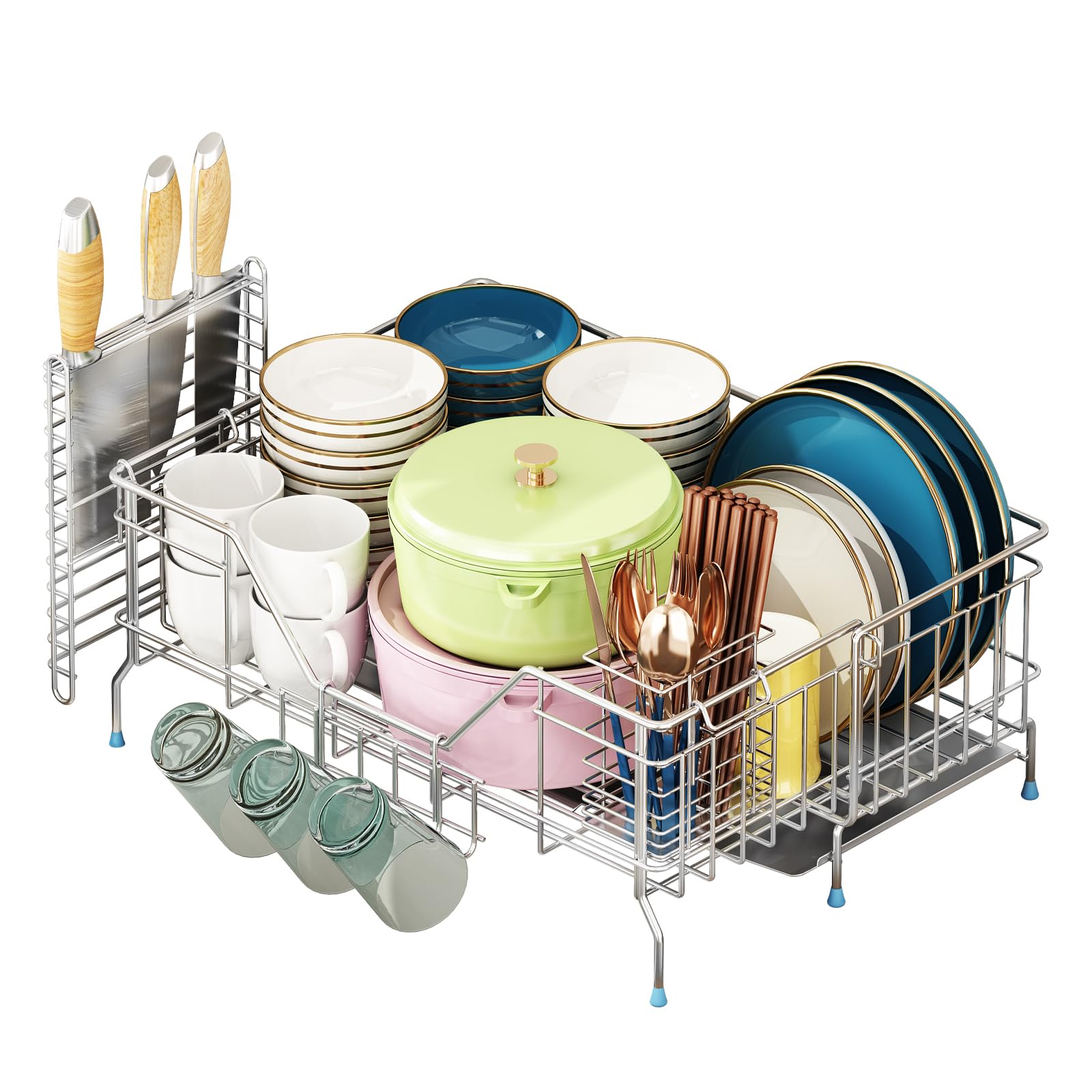 【高品質304ステンレス】水切りラックは高品質なSUS304ステンレス製で、金属光沢が美しく、耐久性に優れています。底部の滑り止めフットカバーは安定性を保ち、 揺れにくいように設計されています。耐久性がありラフで、長時間の使用に適しています...