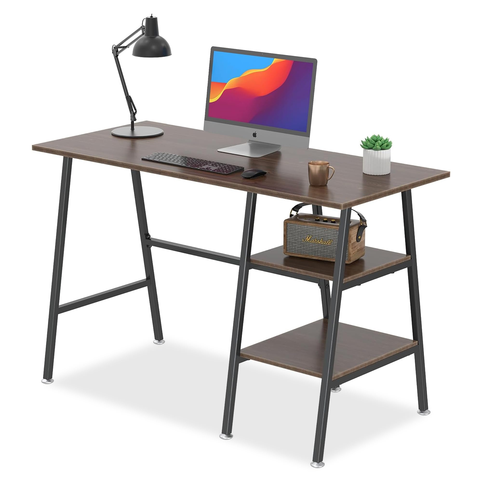 🌻【多機能な収納設計】硬質な金属と木製の板が一体となったモダンなライティングデスクが登場しました。洗練されたデザインは目を引き、機能性も充実しています。広々としたスペースには、左右入れ替え可能な2つの収納棚があります。文房具...