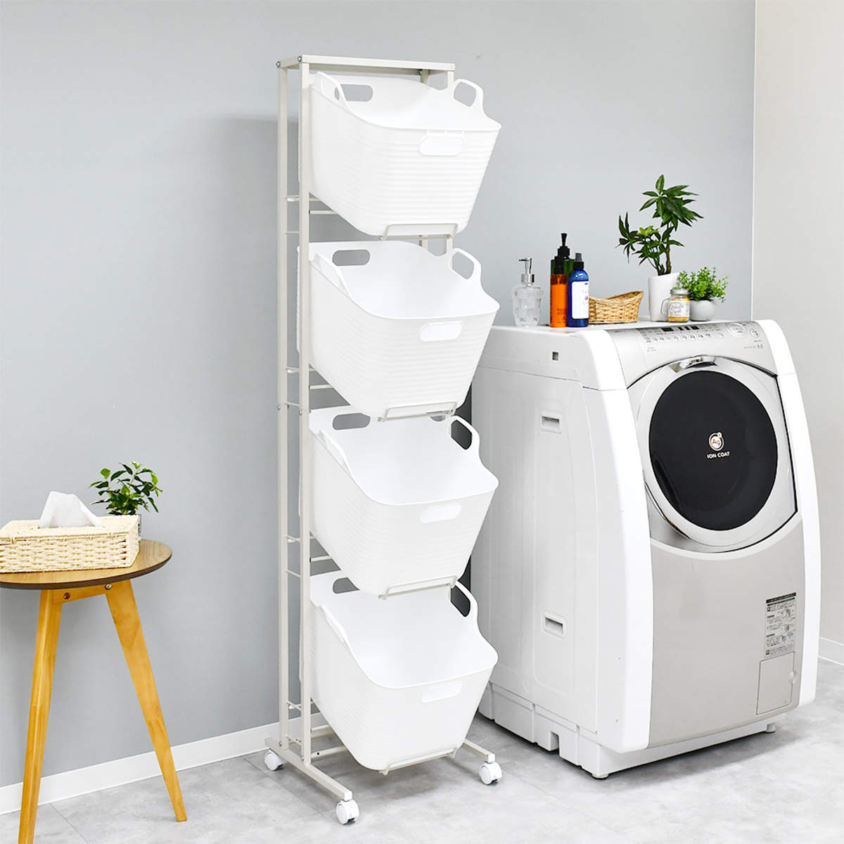 サイズ約 幅40.5×奥行63×高さ166（cm）バスケット1個あたり：約 幅36×奥行46×高さ30（cm）重量約 9.7kg内容量1台材質本体：スチール（メラミン焼付塗装）天板：ボンデ鋼板バスケット：ポリエチレン生産国日本製キャスター付...