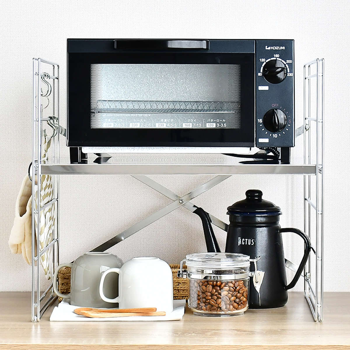 サイズ約 幅45×奥行35×高さ40（cm）重量約 2.3kg内容量1台【付属品】S字フック2個材質本体：スチール、クロムメッキ棚板：ステンレス生産国日本製耐荷重フック：約500g(1個あたり)棚板1枚あたり耐荷重約10kg組立状態お客様組...