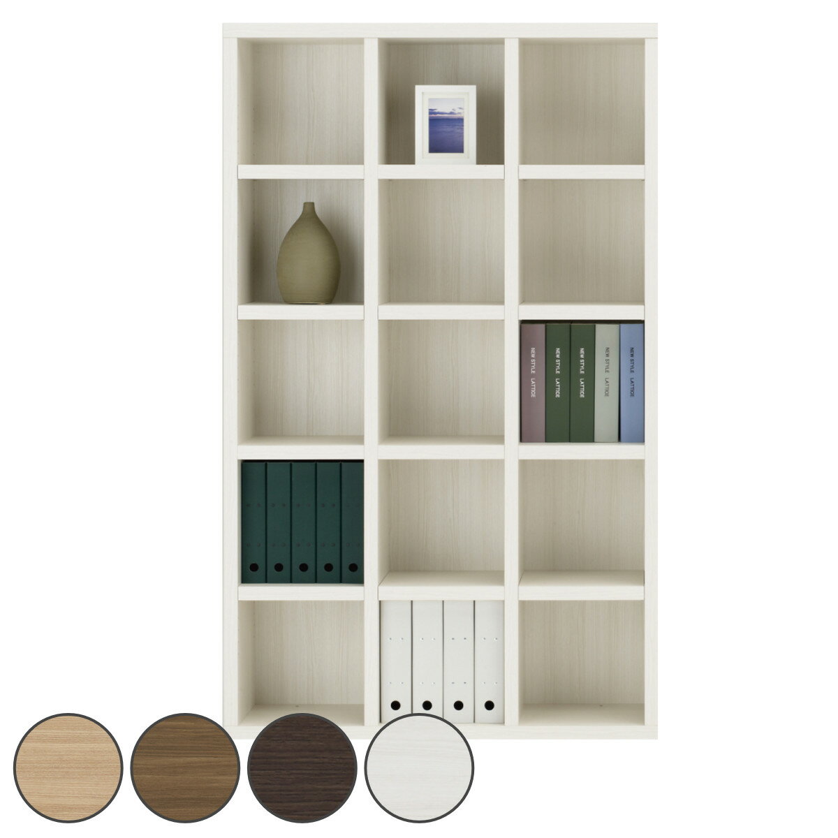 サイズ約 幅109.6×奥行29.7×高さ180（cm）内容量1台付属品：可動棚板9枚、固定金具材質プリント化粧板種類ナチュラル、ブラウン、ダークブラウン、ホワイトウッド生産国日本製棚板1枚あたり耐荷重20kg組立状態完成品注意事項※商品ペ...